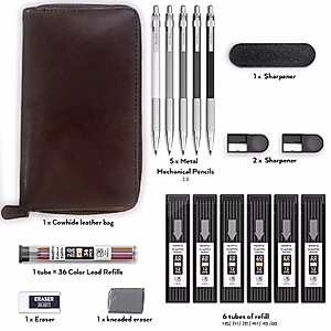 Nicpro 17PCS Metal 2mm Mechanical Pencil Set in Leather Case, 2.0 mm Lead Pencil Holders (4B 2B HB 2H 4H) 6 Tube Black Lead Refills & Colored Lead, Erasers,Sharpener For Art Drafting Sketching Drawing