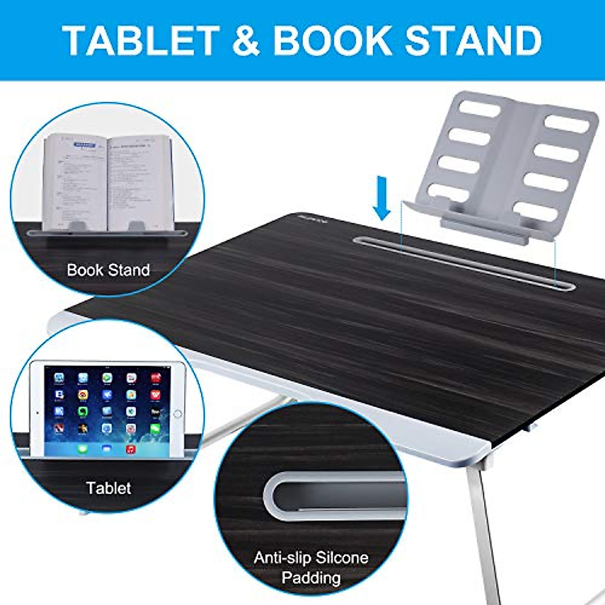 Laptop Bed Table, XXL Bed Trays for Eating, Laptops, Writing, Study and Drawing- Laptop Desk for Bed, Sofa and Couch- Folding Laptop Standwith Portable Book Stand and Drawer Storage, by NEARPOW