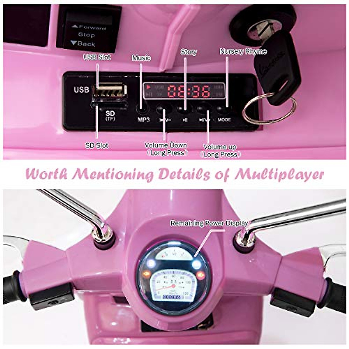 Costzon Kids Vespa Scooter, 6V Rechargeable Ride on Motorcycle w/Training Wheels, Key Switch, Music Horn Lights, Forward/Reverse, ASTM Certification, Gift for Children Boys Girls (Pink)