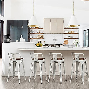 Andeworld Bar Stools Set of 4 Counter Height Stools Industrial Metal Barstools with Wooden Seats(24 Inch, Distressed White)