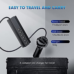 USB Car Charger, 6-Port Fast 65W Car Charger Cigarette Lighter Adapter DC with Smart Identification Compatible with iPhone, Android, Tablet and Other USB Devices