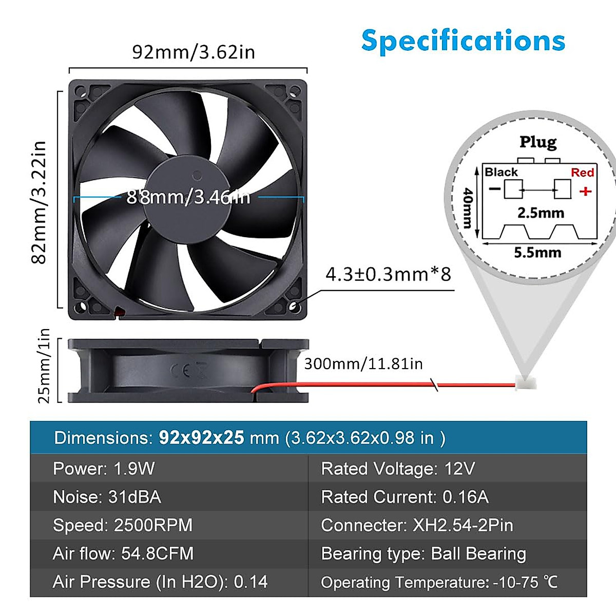 Wathai 9225 92mm x 25mm 12V DC Brushless Computer case Fan 12 Volt 2Pin Dual Ball for DIY Cooling Ventilation Exhaust Projects