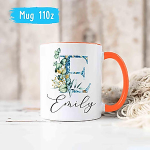 Yanria Personalized Floral Alphabet Mug, Ceramic, 11oz, Microwave & Dishwasher Safe, Custom Name Mug Gift for Women & Men