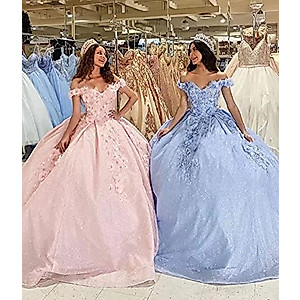DKBridal Women‘s 3D Flowers Quinceanera Dresses Glittery Tulle Off The Shoulder Sweet 16 Dresses Royal Blue 24