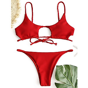 ZAFUL Womens cut out bikini set swimsuit Cami String High Cut Sexy Bathing suit Red