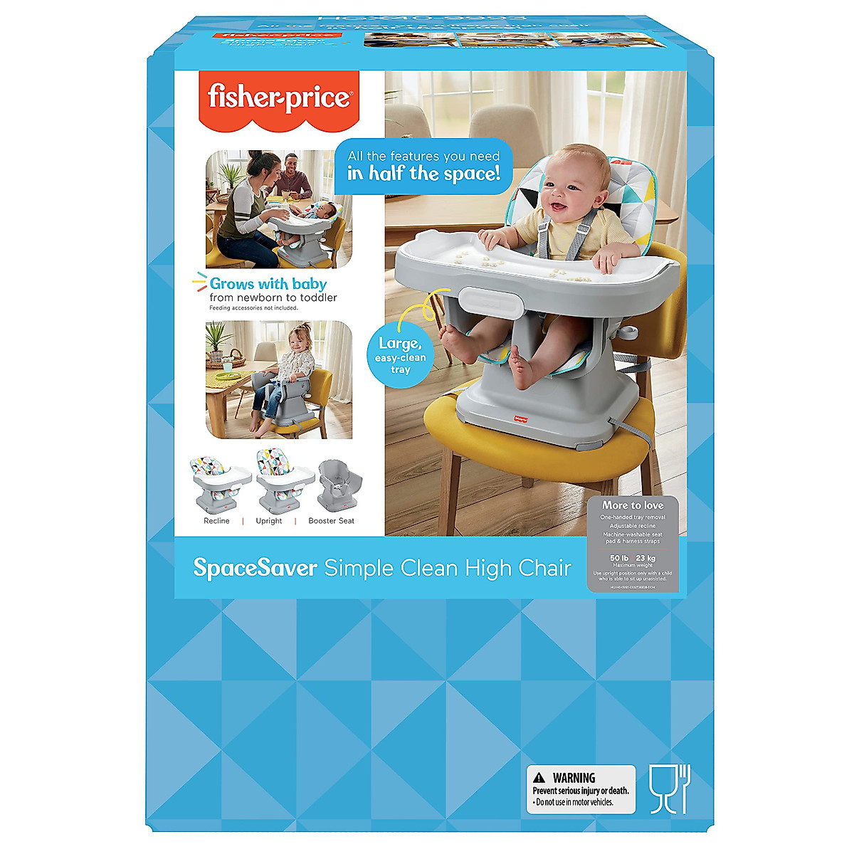 Fisher-Price SpaceSaver Simple Clean High Chair Baby to Toddler Portable Dining Seat with Removable Tray Liner, Windmill
