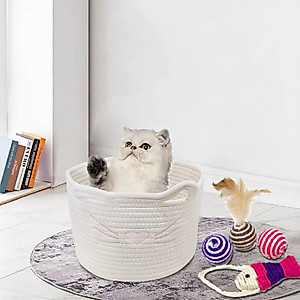 LUSE LIVE Small Woven Basket,Rope Storage Basket with Handle,Cute Cotton Basket for Nursery,Cat Dog Toy Storage Organizer Basket,Storage Bins for Toy Organizer