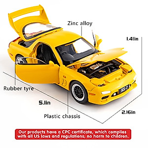 TGRCM-CZ 1/32 Scale RX-7 Model Car, Zinc Alloy Toy Car with Sound and Light for Kids Boy Girl Gift Metal Body, Door can be Opened Yellow