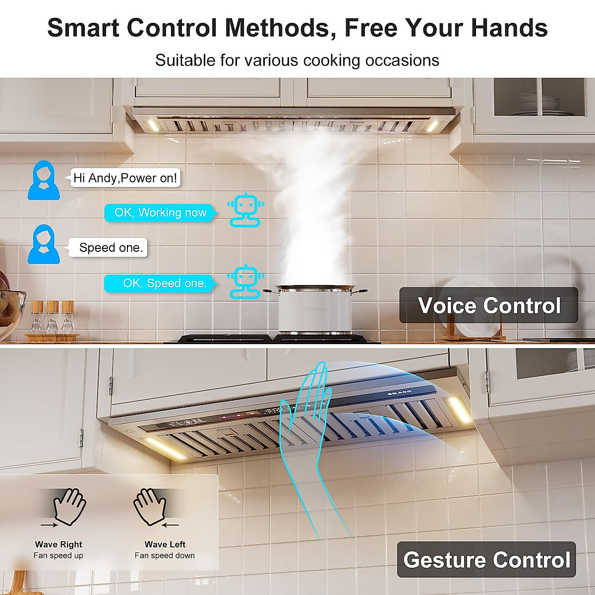 BRANO Range Hood Insert 30 Inch, 900 CFM Smart Voice/Gesture/Touch Control, 4 Speed Exhaust Fan, Stainless Steel Kitchen Hood with Charcoal Filter, Ducted/Ductless Convertible