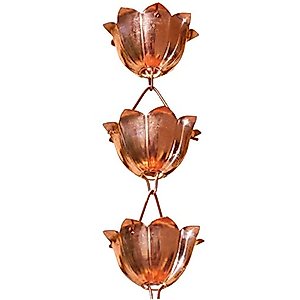Monarch Rain Chains 28519 Pure Copper Lotus Large Cup Rain Chain, 8-1/2 Feet Length Replacement Downspout for Gutters, 8.5 Ft