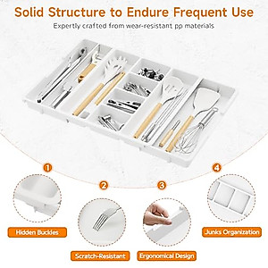 KreuRaxy Expandable Cooking Utensil Organizer Tray for Kitchen Drawer, 13 to 22.8 Inch Adjustable Silverware Cutlery Flatware Organiser with 2 Divider, Perfect for Spatula Spoon Tools, Large, White