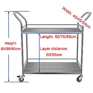 RANGPAN 2 Layer Stainless Steel Frame,Utility Cart,Lab Rolling Cart,w/ 360° Swivel Wheels Lockable,Ergonomic Handle,Catering Cart,for Foodservice/Restaurant/Cleaning/Workplace