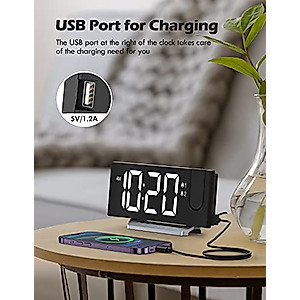 Projection Alarm Clock with FM Radio, USB Charging Port, 0-100% Dimmer, Dual Alarms, HD LED Display, 30 Preset Stations, Sleep Timer, 5 Alarm Sounds, Snooze, Curved Screen, Digital Clock for Bedroom