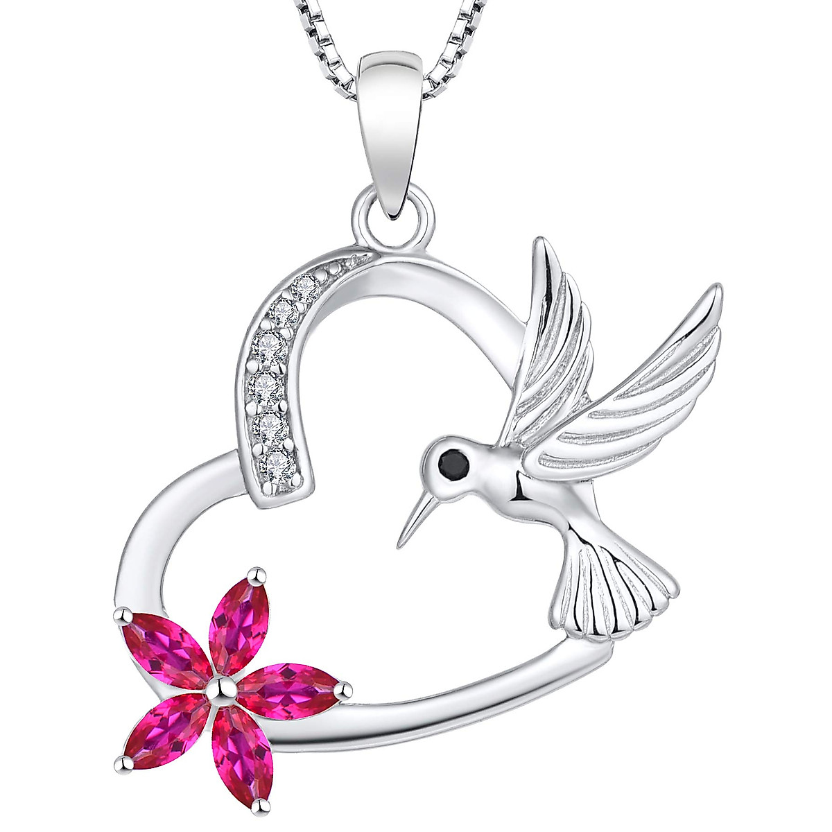 YL Hummingbird Necklace 925 Sterling Silver Heart Pendant Created Ruby Flower Jewelry for Women