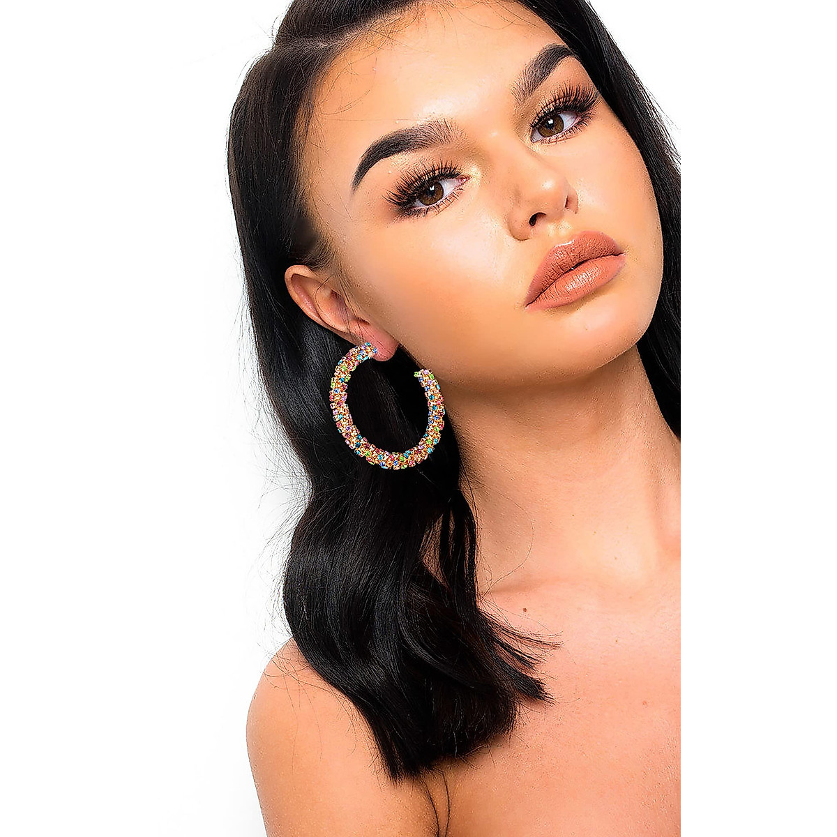 Fashion Rhinestone Hoop Earring Women's Gold Plated Crystal Hoop Earring Bohemian Colorful Rainbow Crystal Wrapped Hoop Dangle Earrings for Women Valentine's Day Gifts