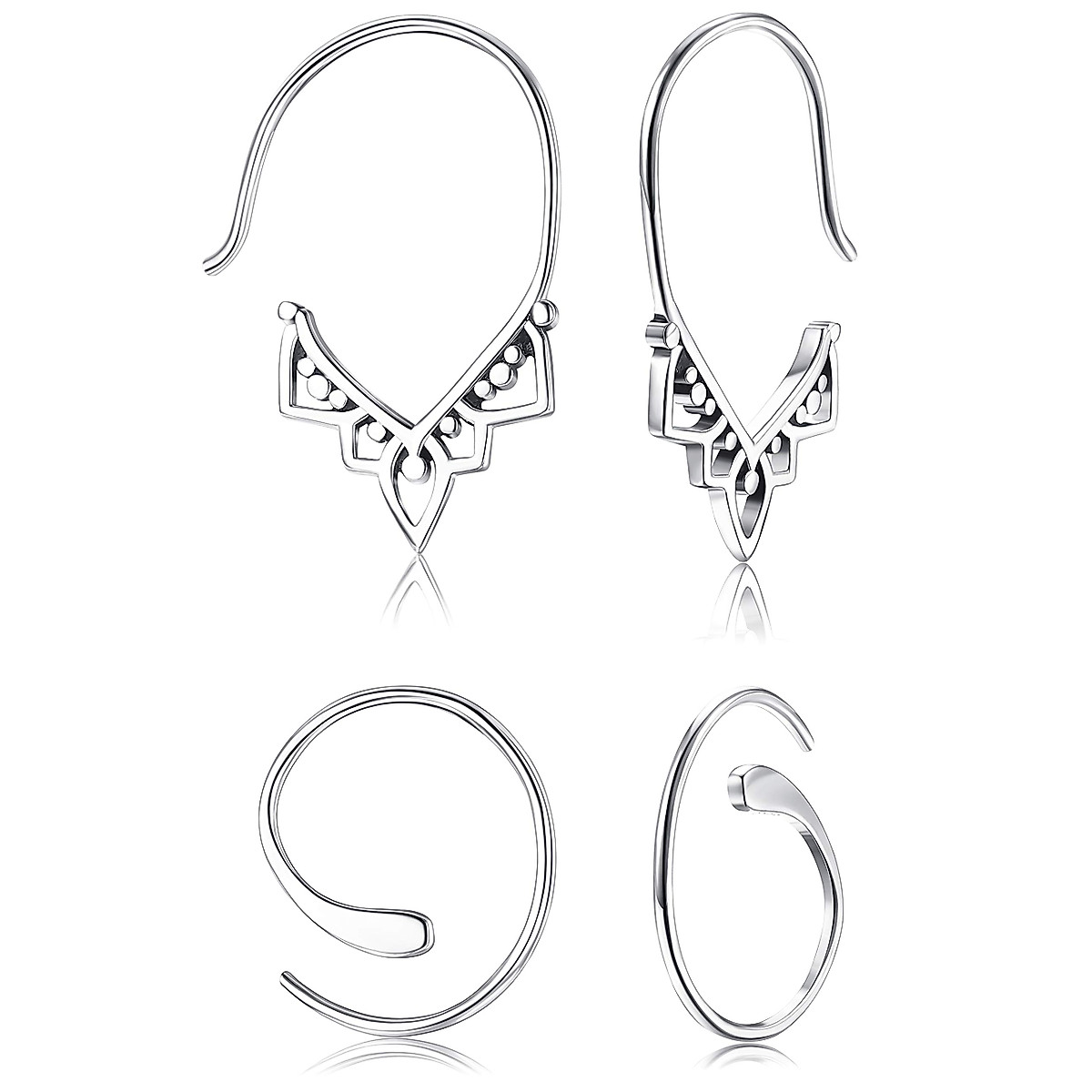 Milacolato 2Pairs S925 Sterling Silver Hoop Earrings 14K White Gold Plated Balinese Tribal Pull Through Hoop Earrings Dangle Boho Earrings Set for Women Trendy Fashion Jewelry
