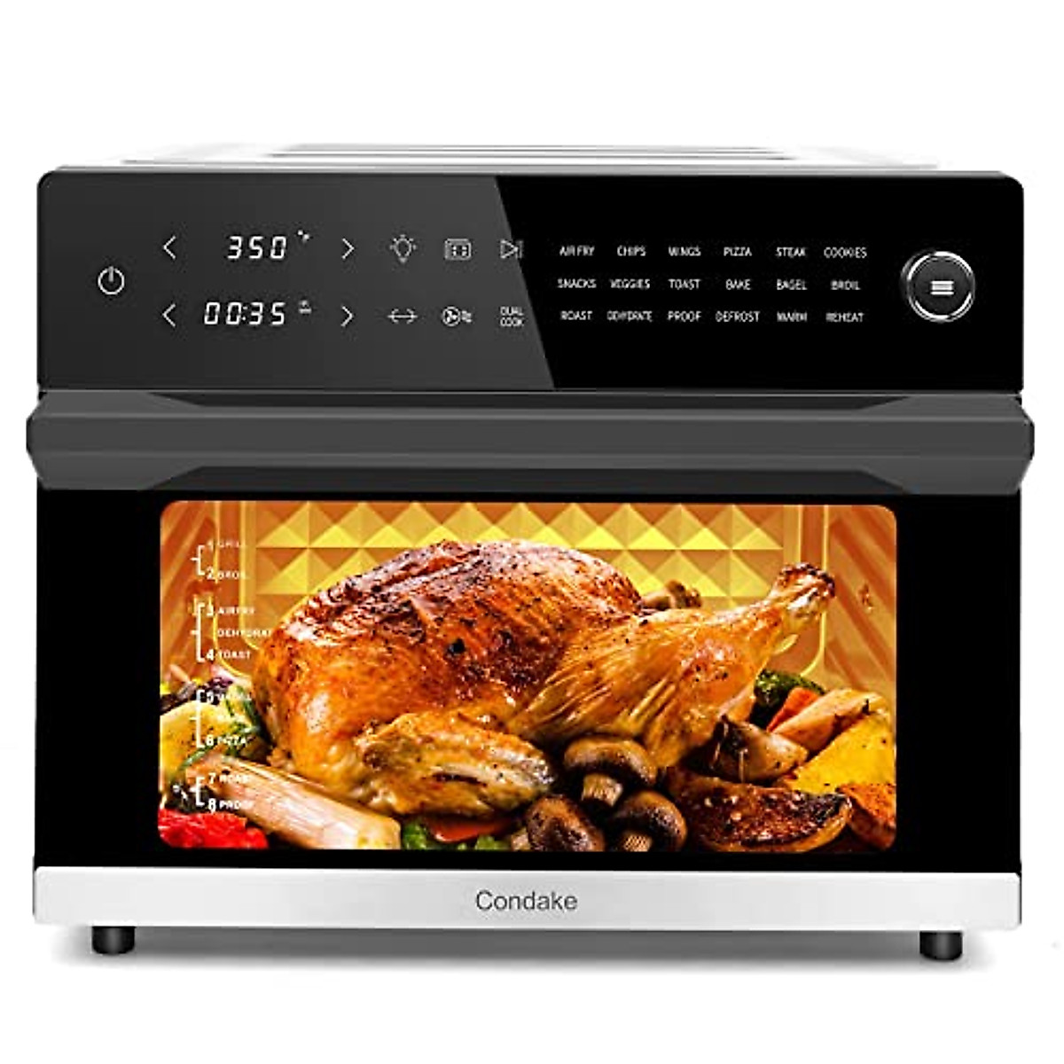 Condake 32QT Large Air Fryer Oven Toaster Oven Combo with Rotisserie 18-in-1 Convection Oven Countertop LED Touch and Knob Design Digital Oven for Bake Broil Pizza Roast Toast Dehydrate,1800W,Stainless Steel,ETL certified