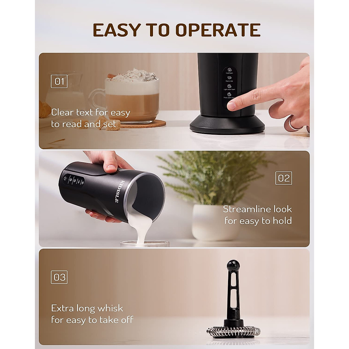 KIDISLE 4-in-1 Milk Frother and Steamer, Electric Milk Steamer with Keep Warm Function, Automatic Warm and Cold Foam Maker for Coffee, Latte, Hot Chocolate, Cappuccinos, Macchiato, Black