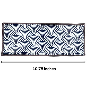 White and Blue Seigaiha Patterned Melamine Rectangular Serving Platter, Sushi Plate and H'orderve Trays Dinnerware for Parties, 10.75 x 4.25 Inches