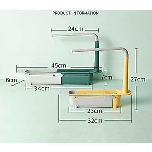 Adjustable Telescopic Sink Storage Organizer Rack Sponge Soap Drain Basket Expandable Organizer for Home Kitchen with Dish Cloth Hanger (Green)