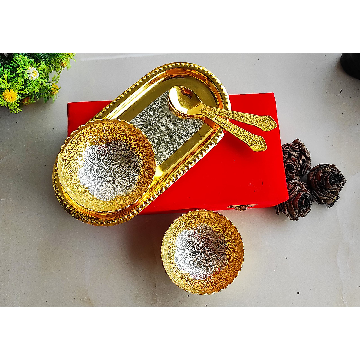 Indian Art Villa Silver Plated Gold Polished Bowl Set with Spoon Tray, Diwali Gift Item