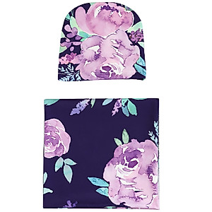 Newborn Swaddle Blanket with Beanie Set,Soft Stretchy Blanket for 0-3 Months Baby Boys and Girls(Purple Flower)