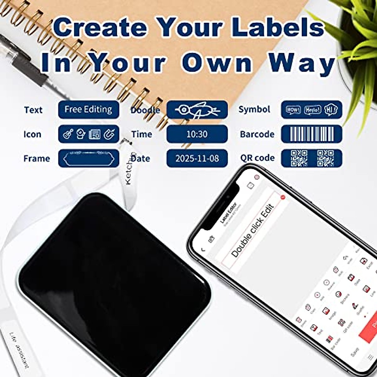 MAOZUA Label Maker Machine with Tape, Portable Bluetooth Thermal Label Printer for Office Home Kitchen Organization, Compatible with iOS, Android