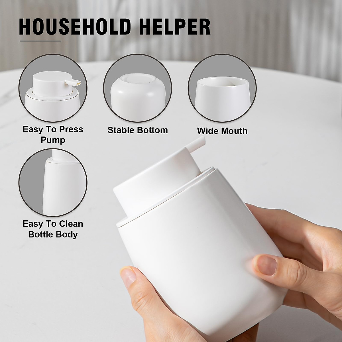 Agyiuns White soap Dispenser Ceramic foaming soap Dispenser with Easy-to-Press Pump for Bathroom 12 oz refillable Liquid Hand soap Dispenser for Hand sanitizers, lotions (White Foam Dispenser)