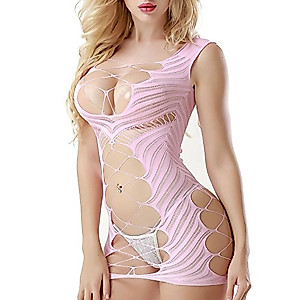 FasiCat Sexy Lingerie for Women Fishnet Halter Chemise Deep V Hot Mesh Mini Dress Bodysuit Pink