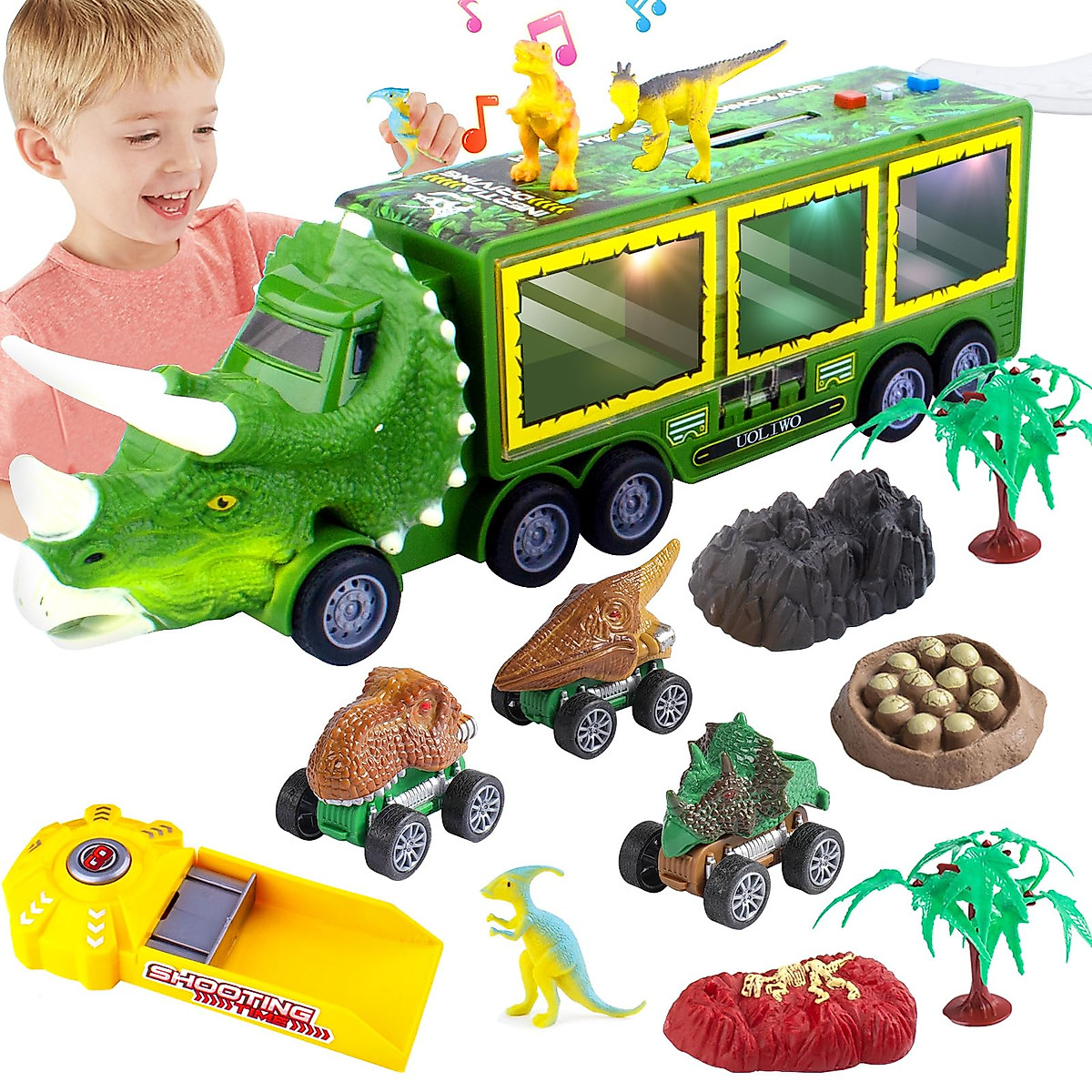 UOLIWO Dinosaur Truck Carrier for Boys and Girls, Car Transporter Toy with Light Sound Kids Dinosaur Toys Set with Pull Back Car Launcher Track Dinosaur Park Pretend Toy Baby Infant Toys Kids Gift