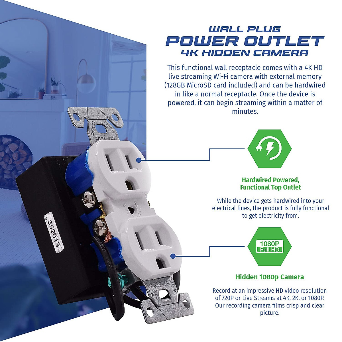 Minigadgets BB4KWiFiReceptacle Hidden 4K Camera Receptacle for Home or Office Security
