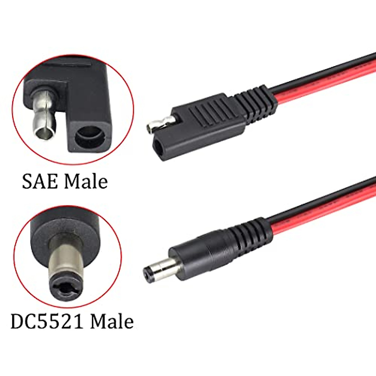 HCFeng 2Pack SAE to DC Adapter Cable SAE Plug to DC 5.5mmx2.1mm Male Connector Cables with SAE Polarity Reverse Adapter & DC8/6.5/5.5/4.0/3.5(mm) Adapters for Solar Battery Panel (14AWG 2ft/60cm)