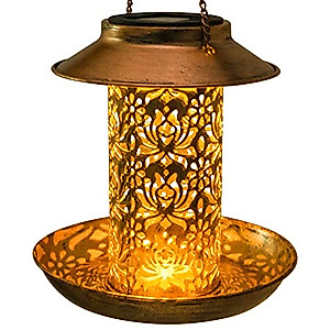 OLIKER Solar Bird Feeder Decorative Metal Panels Hanging Bird House with Light for Feeding Wild Bird Feeder Outdoors Hanging Gift for Bird Lovers Outdoor Garden Backyard Decoration