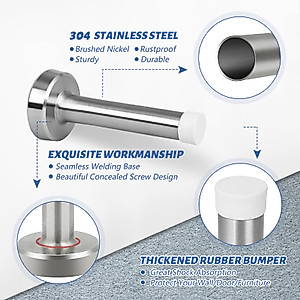 Door Stop 3.5 Inch, 2 Pack Brushed Nickel Door Stopper, Wall Mounted, Modern Commercial Stainless Steel Doorstop Wall Protector with Sound Dampening Door Bumper, Silver