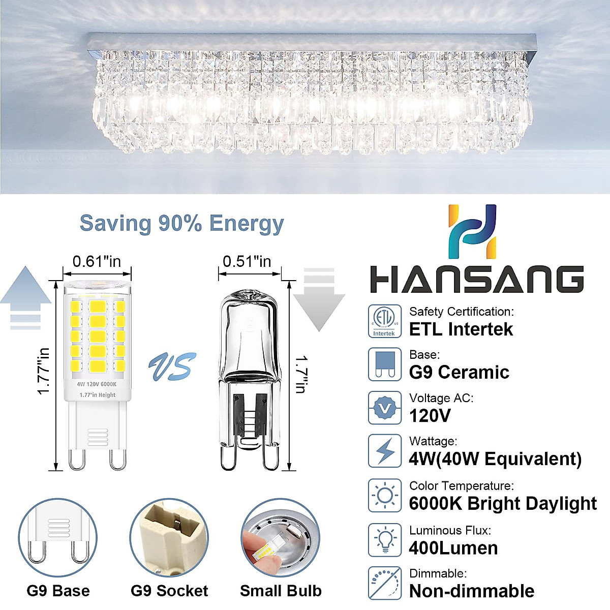 hansang 12 Pack G9 LED Bulb 6000K Cool Daylight for Crystal Chandelier, 4W 40Watt G9 Halogen Equivalent 1.77'' Height Short T4 Light Bulb with G9 Ceramic Bin-pin Base, 400LM, AC 120V, Non-Dimmable