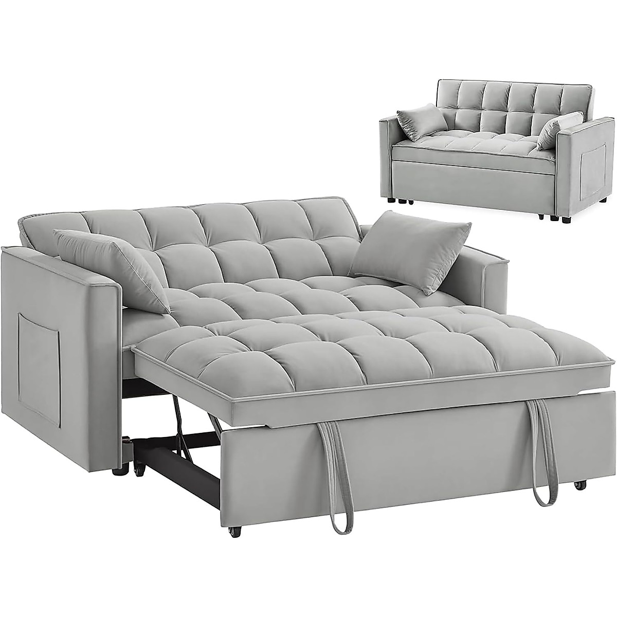 SPOWAY 3 in 1 Sleeper Sofa Couch Bed, Velvet Convertible Loveseat Sleeper Sofa with 3 Level Adjustable Backrest, Storage Pockets, Toss Pillows, Pull Out Loveseat Sleeper for Living Room, Grey