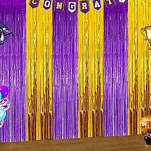 Purple and Gold Party Decoration, Purple Gold Graduation Backdrop 2025, Purple Gold Backdrop Foil Fringe Curtains Photo Streamers for Baby Shower Islamic Eid Mubarak Party Decor (3 Pack)