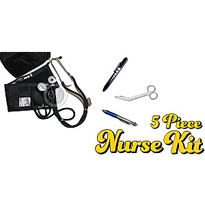 NK442-5 Piece Nurse Kit Set - Sprague Rapport Stethoscope and Aneroid Sphygmomanometer Manual Blood Pressure Set, Reusable Penlight, Chart Pen, and 5.5" Lister Bandage Scissors
