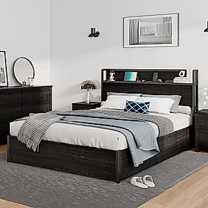 LUXOAK Queen Size Lift Up Storage Bed, Wood Platform Bed Frame with Storage Headboard & Charging Station, No Box Spring Needed, Easy Assembly, Black