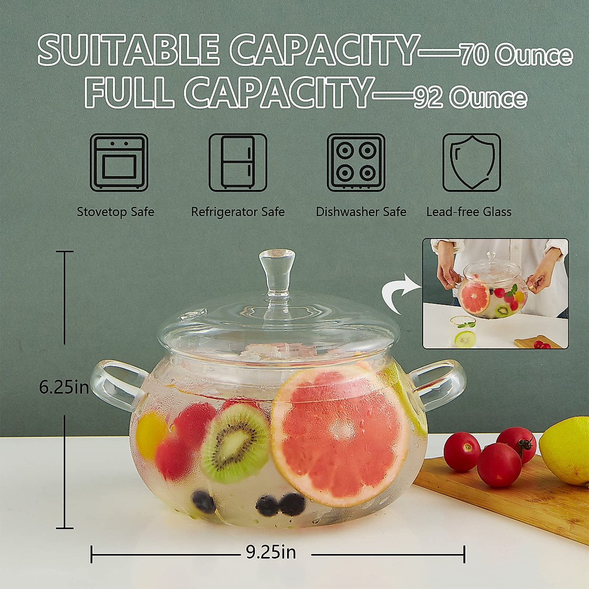 XJLVSV 2450ML/83oz Glass Clear Saucepan with Lid,Best Handmade Easy Clean Heat Resistant Glass Cooking Pot for Noodles, Soup, Cereals, Fruits