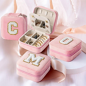 CY2SIDE Letter Velvet Travel Jewelry Case for Women - Pink Organizer for Ring, Earring, Necklace, Bracelet, Pendant - Vacation Gift for Lovers (Letter C)