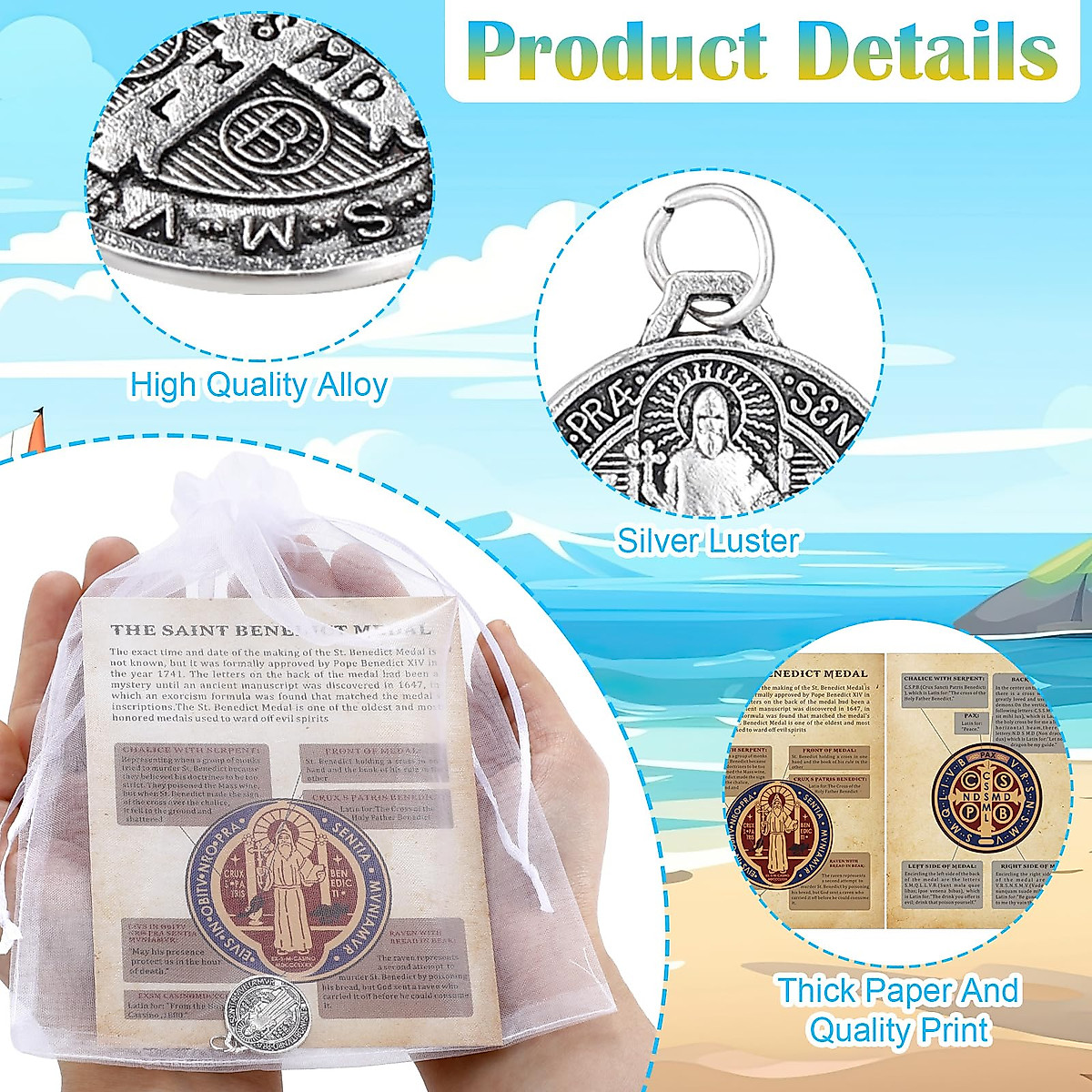 Remuuly 120 Pieces Medals Prayer Card Set, 3/4 Inch Round Silver Oxidized Medals for Necklace Holy Prayer Cards Bags for Catholic Women Men Jewelry Making (St Benedict)