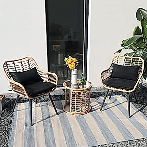 JOIVI 3 Piece Outdoor Wicker Furniture Bistro Set, Patio Rattan Conversation Set with Round Glass Top Coffee Side Table, Cushions and Lumbar Pillows for Porch, Backyard, Deck