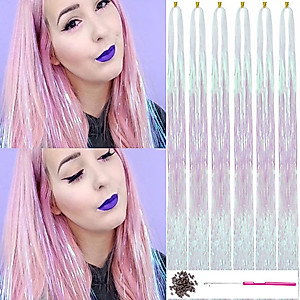 Hair Tinsel Kit With Tool Fairy Hair Tinsel Heat Resistant 47Inch Tinsel Hair Extensions 6Pcs 1200 Strands Sparkling Hair Tinsel Glitter Tinsel Hair Extensions for Women Girls Kids (White-Pink)