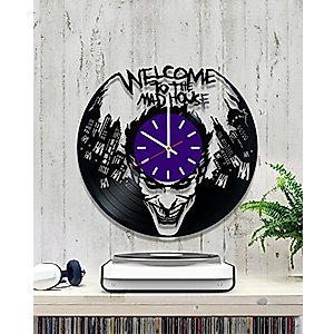 MKG Studio Vinyl Record Wall Clock Joker Joke Welcome to The Mad House Comedian Comic 12 INCHES Decor Home Idea Handmade Gift for Her Him