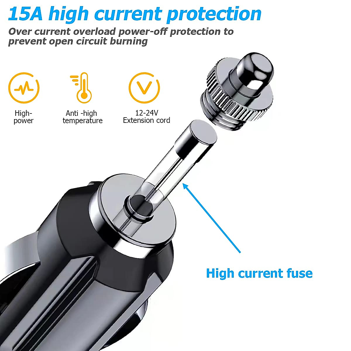 1 to 2 Car Cigarette Lighter Splitter Adapter, 12V 24V Plug Socket 2-Way Splitter Y Adapter, 5.9" Cigarette Lighter Extension Cord with 15A Fuse, Auto Power Charger Port for All Cars