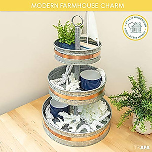 Ilyapa Galvanized Three Tier Serving Tray, Metal Three Tiered Tray Platter, 3 Tier Stand with Copper Trim, 3 Tiered Serving Stand for Cake, Cupcakes, Dessert, Appetizers & More