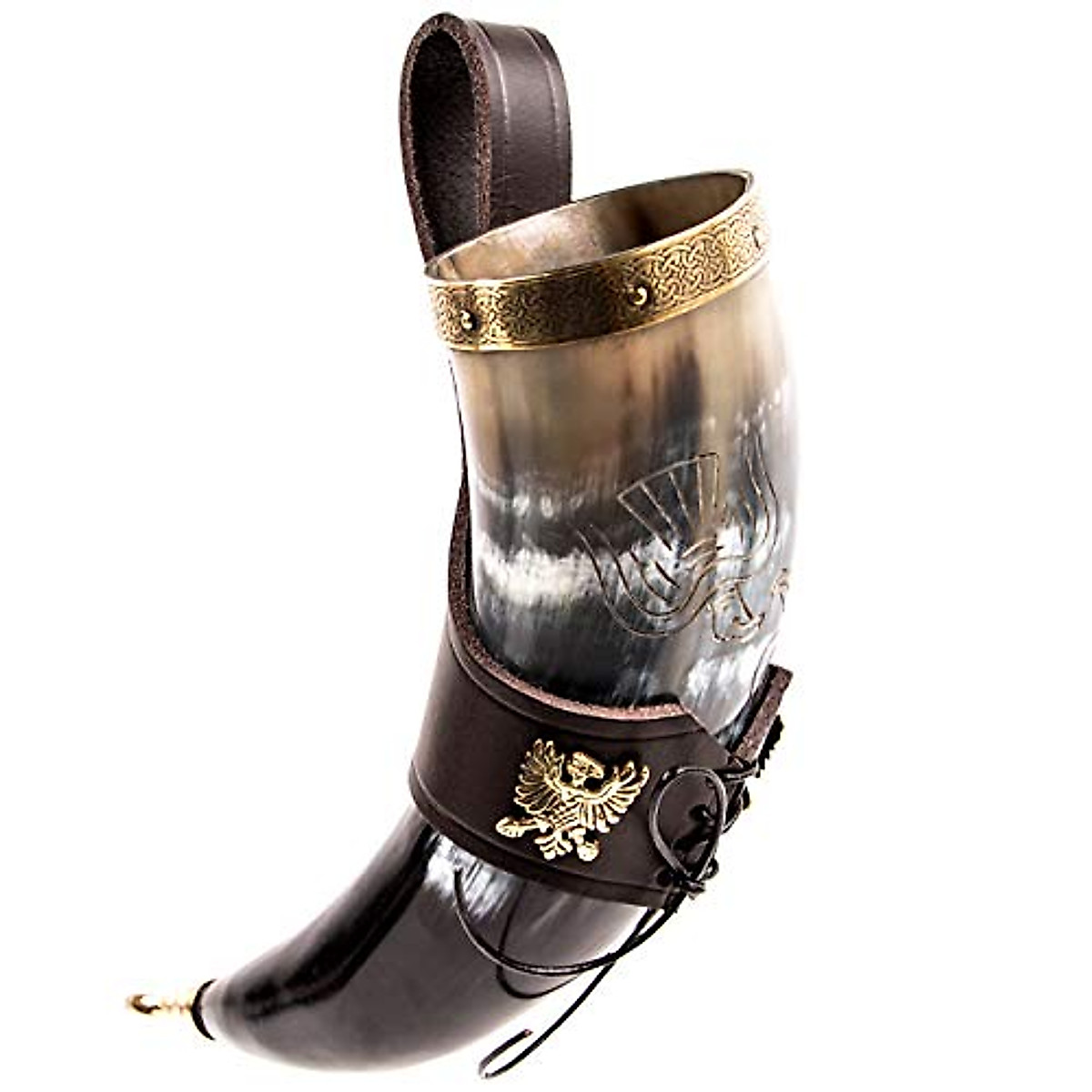 Mythrojan THE BIRD OF PREY Viking Drinking Horn with Brown Leather holder Authentic Medieval Inspired Viking Wine/Mead Mug – Polished Finish