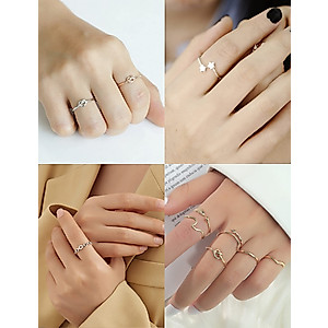Fxiqini 10Pcs Open Rings Knuckle Rings Star Moon Arrow Knot Wave Feather Bar Retro Toe Ring Stackable Thumb Knuckle Finger Adjustable Rings for Women Men Rose Gold Tone