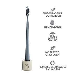 The Natural Family Co. Bio Toothbrush and Stand, Soft Nylon Bristles with Non GMO Cornstarch Handles, Plastic Free Packaging and Monsoon Mist